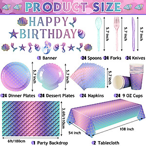 Roshtia 172 Pcs Mermaid Birthday Party Supplies (Serve 24) Disposable Mermaid Tableware Set for Girl Birthday Baby Shower Party with Plates, Cups, Napkins, Tablecloth, Backdrop, Banner