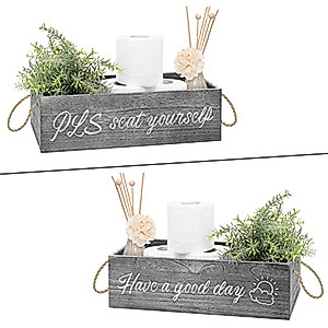 LadyRosian Bathroom Decor Box, 2 Sides of Signs for Bathroom Decor Boxes, Toilet Paper Holder, Farmhouse Rustic Wood Storage Bin Funny Home Storage Box for Livingroom Kitchen, Counter Table Decor