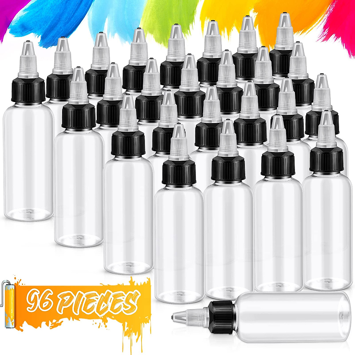 Gandeer 96 Pieces 2 oz Clear Dispensing Bottles Plastic Bottles with Twist Caps Twist Top Bottles Boston Round Bottles for Liquids Oils Inks Crafts Condiments(2 oz, 4.76 x 1.38 Inch)