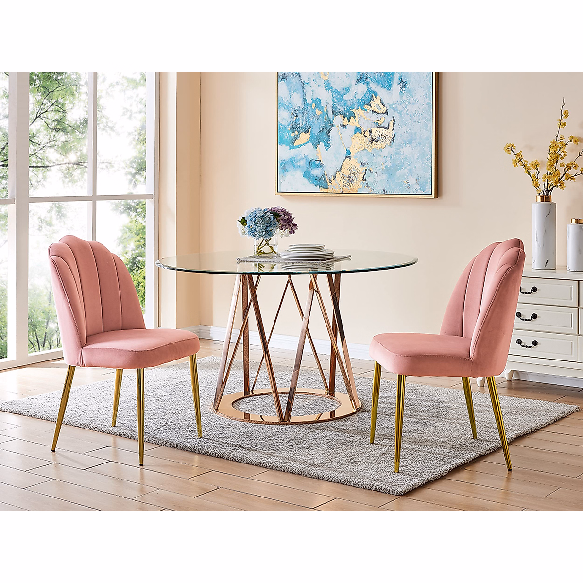 Iconic Home Chelsea Dining Side Chair Vertical Channel Quilted Velvet Upholstered Crown Top Back and Seat Solid Gold Tone Metal Legs (Set of 2) Modern Contemporary, Blush