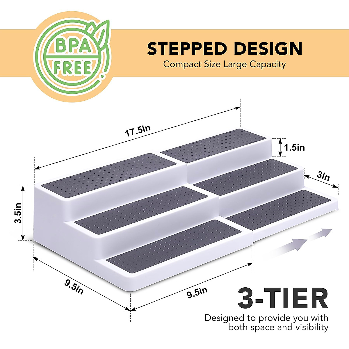 3-Tier Expandable Spice Rack, Plastic Spice Rack Organizer for Cabinet, Adjustable Length, Non-Skid Spice Shelf Organizer for Kitchen Cabinet, Countertop or Pantry, 2 Pack, White/Grey