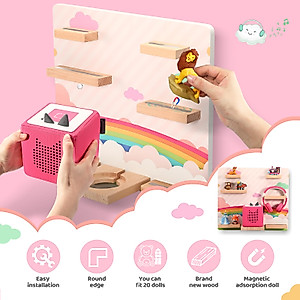 OUKNAK Floating Shelf for Toniebox, Wall Mount Magnetic Wooden Shelf with Carrying Case Compatible with Tonie Audio Player Figures Character for Children Baby's Room (Rainbow)