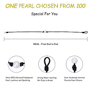 Single Cultured Freshwater Pearl Necklace Choker for Women Genuine Leather Jewelry Handmade 15'' Black