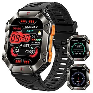 Military Smart Watch for Men 2.0" HD with Elevation Barometer Compass Fitness Tracker with IP68 Waterproof Heart Rate Sleep Monitor 650 mAh Outdoor Rugged Tactical Sports Smartwatch for iOS Android