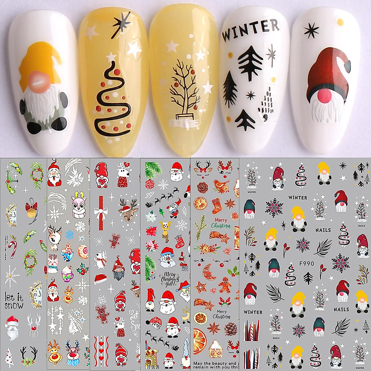JMEOWIO 10 Sheets Christmas Nail Art Stickers Decals Self-Adhesive Pegatinas Uñas Snowflake Xmas Winter Holiday Cute Nail Supplies Nail Art Design Decoration Accessories