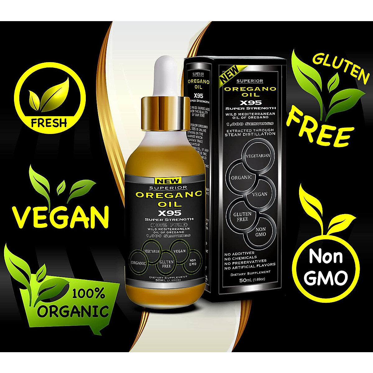 Oregano Oil Drops Super Strength - 1,000 Servings, Food Grade, Pure Undiluted Wild Mediterranean Oil of Oregano Extract, 1.69 oz (Large)