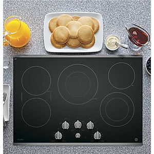 GE PP7030DJBB 30 Inch Electric Cooktop with 5 Radiant, Bridge SyncBurners, 9/6 Inch Power Boil Element, Keep Warm Setting, Red LED Backlit Knobs, ADA Compliant Fits Guarantee