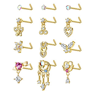 Sanfenly Nose Rings Studs Nose Piercing Jewelry for Women Men 20G Rose Gold Silver Black Cute CZ Heart Moon Butterfly Flower Dangly Dangle Dangling Nose Rings L Shaped Nose Stud Set