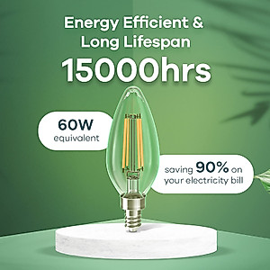 Linkind E12 Candelabra LED Light Bulbs 60W Equivalent, B11 Dimmable Chandelier Light Bulbs, 4.5W Clear Glass Vintage Edison Filament Candle Bulbs, Soft White 2700K 500lm, Ceiling Fan Bulb, 6 Packs