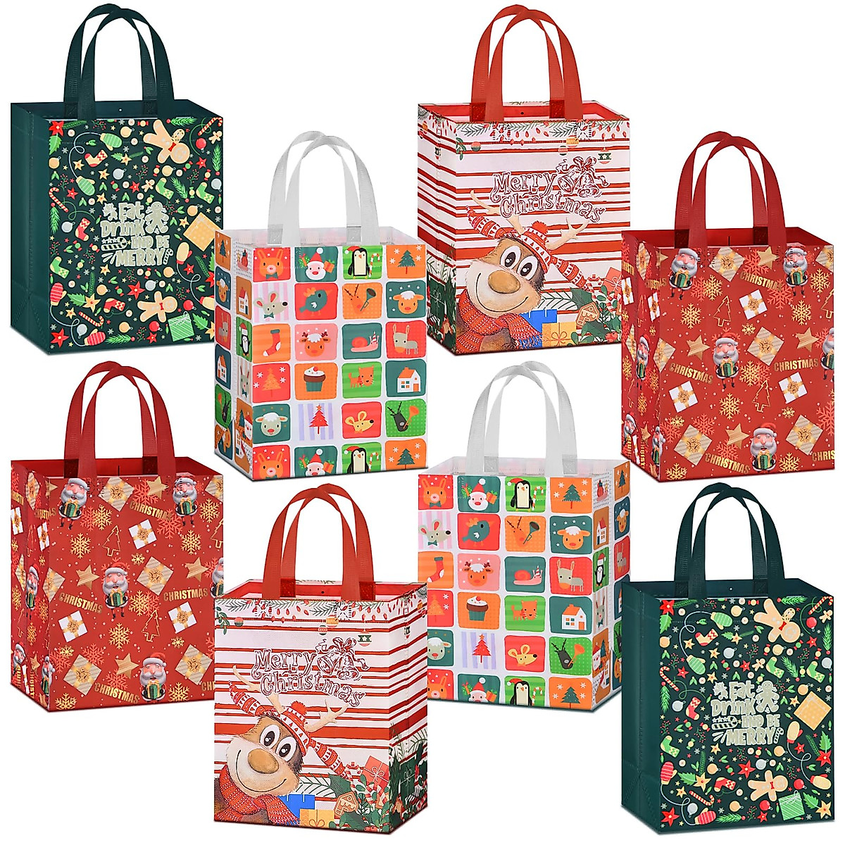 AhfuLife 8 PCS Small Christmas Gift Bags, 10.2'' x 8.2''x 4.7'', Reusable Non-Woven Christmas Tote Bags with Handles, Christmas Treat Bags for Kids Xmas Candy Party Favors Decorations