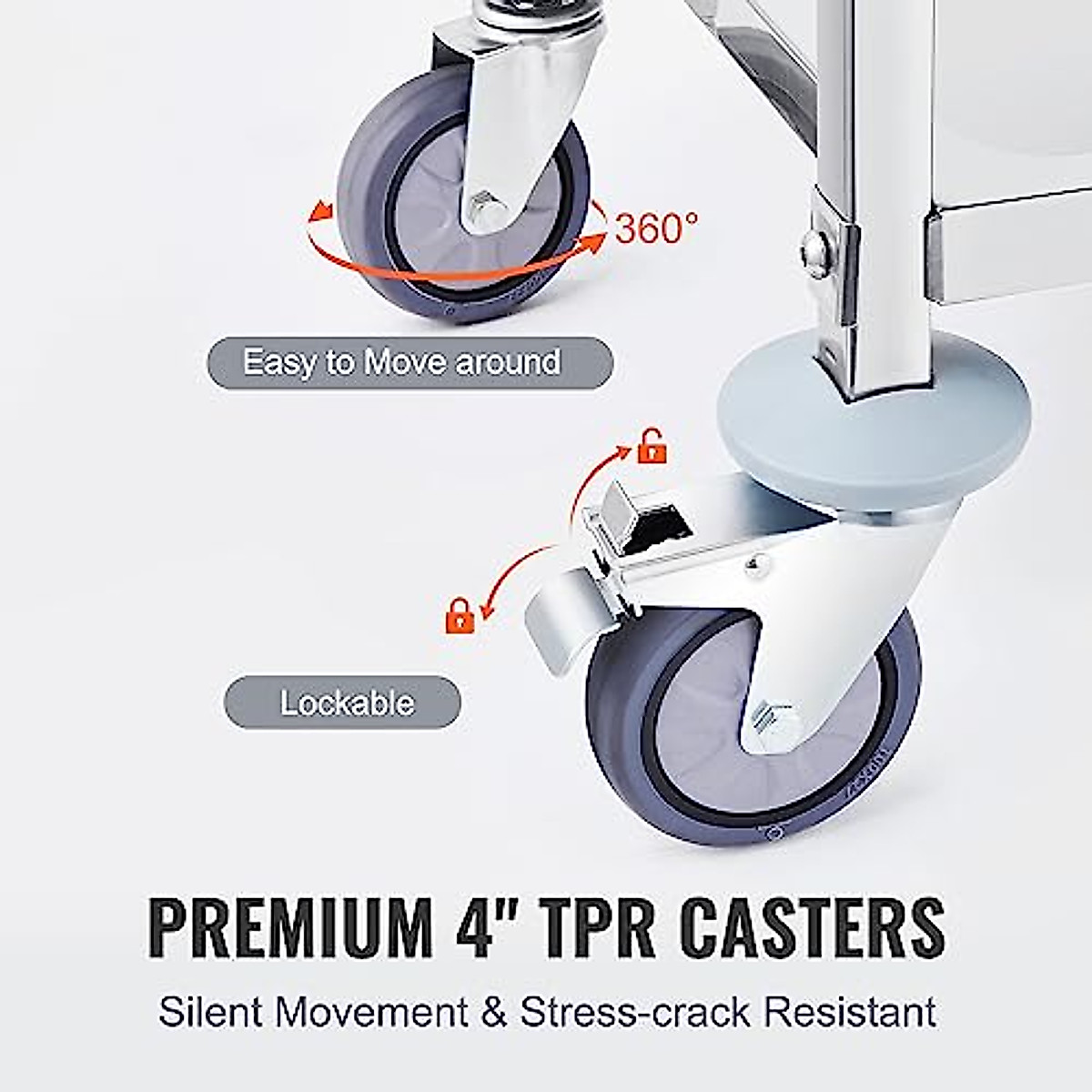 VEVOR Lab Utility Cart, 220 lbs Weight Capacity Rolling Lab Cart, 3 Shelves Mobile Clinic Cart, Sturdy Stainless Steel Frame Lab Trolley, 360° Silent Rolling Wheels w/Foot Brake, for Lab Clinic Salon