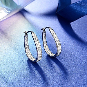 Crystal Hoop Earrings - Silver Plated Inside Out Oval Shape Hoop Earrings for Women, 1.2 Inch (White)