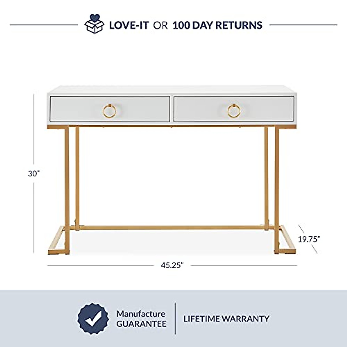 BELLEZE Modern 45 Inch Makeup Vanity Dressing Table or Home Office Computer Laptop Writing Desk with Two Storage Drawers, Wood Top, and Gold Metal Frame - Chelsea (White)