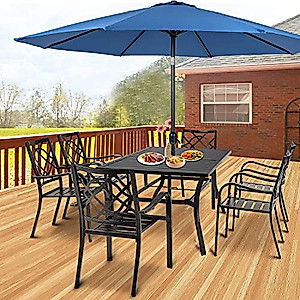 SOLAURA 7-Piece Outdoor Patio Dining Set, 6 Person Garden Dining Set Furniture with Slat Table Top/Backyard Stacked Chairs, 1.57" Umbrella Hole (Black)