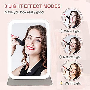 Luminar bowo Vanity Tabletop Mount Mirror with Lights, Travel Makeup Mirror 360° Rotation Touch Screen 3 Colors Light Modes 72 LEDs USB Rechargeable, 1200mA 5.5x8-Inch Desk Compact Mirror Pink