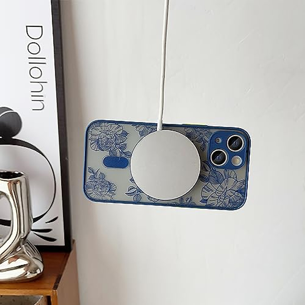 Skyseaco for iPhone 13 Mini Case Compatible with MagSafe for Black Frosted PC Back Protector Flower Shockproof Purple Floral Blooms Design Protective Women Girls Phone Case - Flower Blooms/Dark Blue