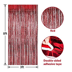 BTSD-home Red Foil Fringe Curtain, Metallic Photo Booth Backdrop Tinsel Door Curtains for Wedding Birthday Bridal Shower Baby Shower Bachelorette Christmas Party Decorations(4 Pack, 8ft x 3ft)