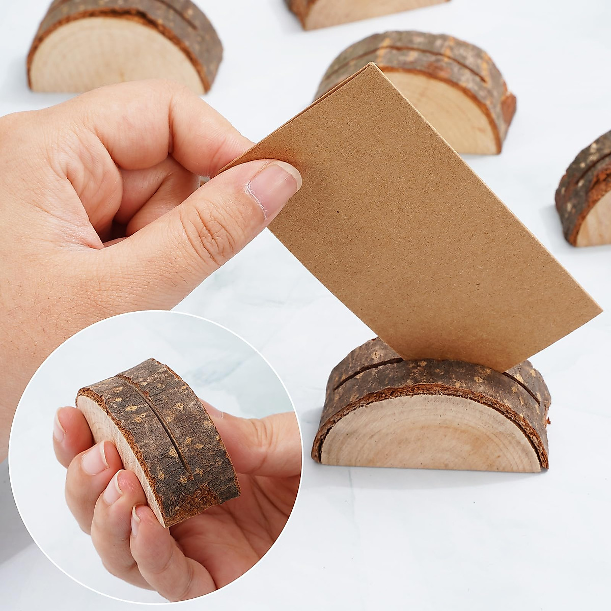 Whaline 60Pcs Wood Place Card Holders with 75Pcs Kraft Tented Cards Rustic Semicircle Table Number Holders Name Cards with Stands Picture Holders for Wedding Party Table Sign Supplies