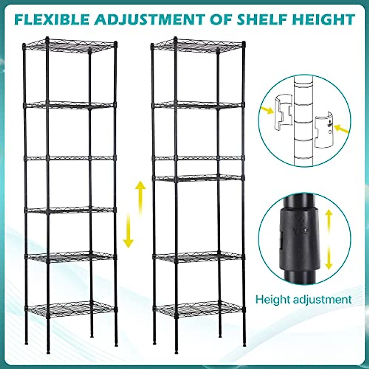 6 Tier Shelving Unit Narrow Shelf Storage Shelves Tall Skinny Shelf for Small Spaces Bathroom Racks and Shelves Corner Storage Rack for Kitchen Laundry Pantry Closet 16.7" l×11.8" w × 63.6" h, Black