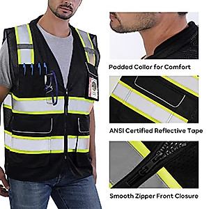 Neopelta Reflective Safety Vest Black Mesh, High Visibility Vest with Pockets and Zipper, Padded Neck, Black with Yellow Trim 2X