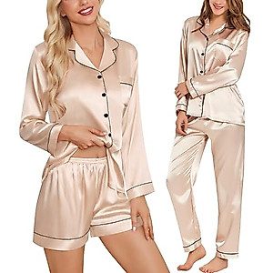 SWOMOG Womens 3 PCS Pajamas Set Silk Satin Long Sleeve Sleepwear Button Down Loungewear Pjs Nightwear Champagne - 3 PCS Small