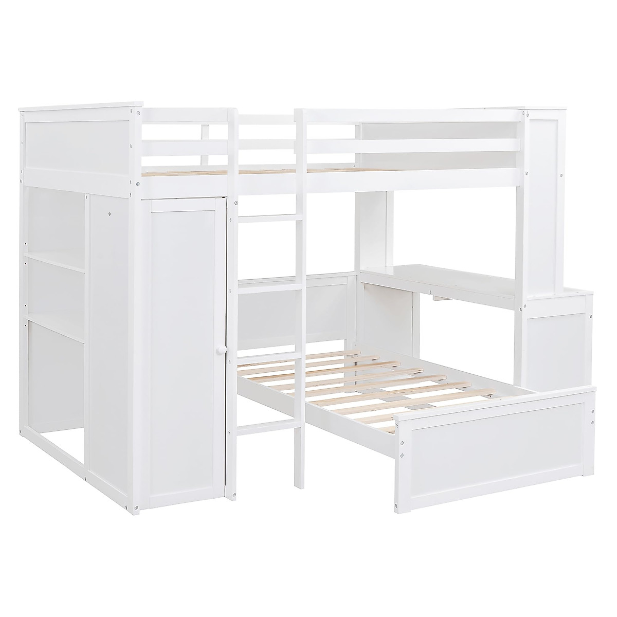 Full Over Twin Bunk Beds with Desk and Drawers , Wooden Full Size Loft Bed with Removable Twin Bed , Wardrobe and Shelves , Storage Bunk Bed with Ladder & Guardrails for Kids Girls Boys , White