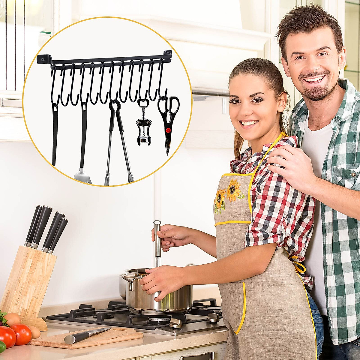 Pots and Pans Hanging Rack Wall Mounted,Kitchen Utensil Hanger with 12 Pack Black S Hooks for Hanging Spatulas Measuring Spoons Tools Coffee Mug,Anti-Drop Kitchen Wall Rack Rrganizer -17 Inch