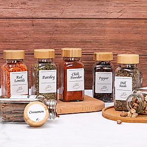 24 Pcs Glass Spice Jars with Airtight Bamboo Lids, 6oz 180ml Empty Square Seasoning Bottles Containers with Shaker Lids, Labels, Measuring Spoon& Silicone Funnel Good for Spice Rack Cabinet Drawer