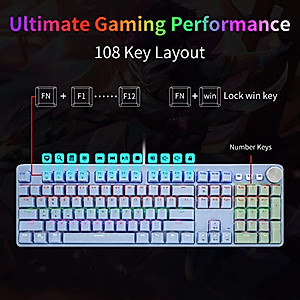 HUO JI BT-855 Mechanical Gaming Keyboard, USB Wired with Red Switches, Rainbow LED Backlit, Multimedia Keys, 108 Keys No Conflict, Blue