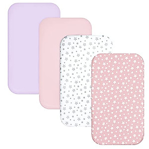 Pack and Play Sheets Girl, 4 Pack Mini Crib Sheets, Stretchy Pack n Play Playard Fitted Sheet, Compatible with Graco Pack n Play, Soft and Breathable Material, Pink