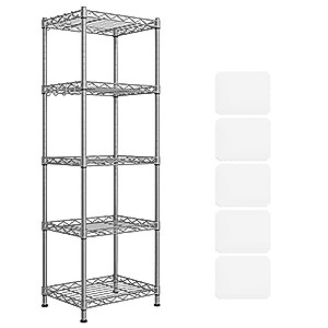 SONGMICS 5-Tier Storage Shelves, Wire Shelving Unit, Kitchen Metal Shelves, Storage Rack with Adjustable Shelves, Shelf Liners, 8 Hooks, for Garage, 11.8 x 15.7 x 47.6 Inches, Silver ULGR115E01