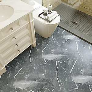 VEELIKE Grey Marble Peel and Stick Floor Tile 12''x12'' Vinyl Flooring Peel and Stick Waterproof Removable Self Adhesive Grey Vinyl Floor Stick On Tile for Kitchen Bathroom Bedroom Living Room 12 Pack