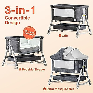 Baby Bassinets Bedside Sleeper, Baby Crib with Wheels, Baby Bed with Mosquito Nets, Adjustable Height Portable Bassinet for Baby with Large Storage Bag, Bassinet for Infant/Baby/Newborn