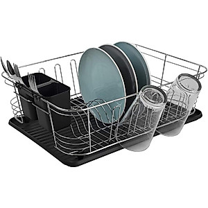 JOEY'Z Large Black Contempo 3 Piece Dish Rack Sink Set with Removable Drainboard, Cup Holders & Utensil Holder - Heavy Duty Chrome Coated Wire - 17.5" x 13.5" x 5.5"