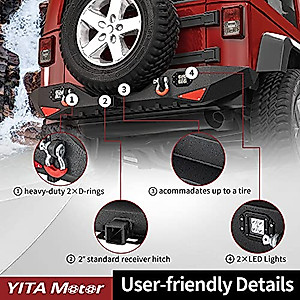 YITAMOTOR Front & Rear Bumper Compatible for Jeep Wrangler 2007-2018 JK & JKU Unlimited (2/4 Doors) w/LED Light & 2 x D-Rings & Winch Plate & Fog Holes & 2" Hitch Receiver