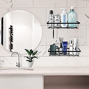 Yebicola Pack of 4 Black Shower Caddy, Self Adhesive, No Drilling, Bathroom Shower Organizer with Soap Holder and 12 Hooks, Rustproof Stainless Steel Shower Shelves for Inside Shower