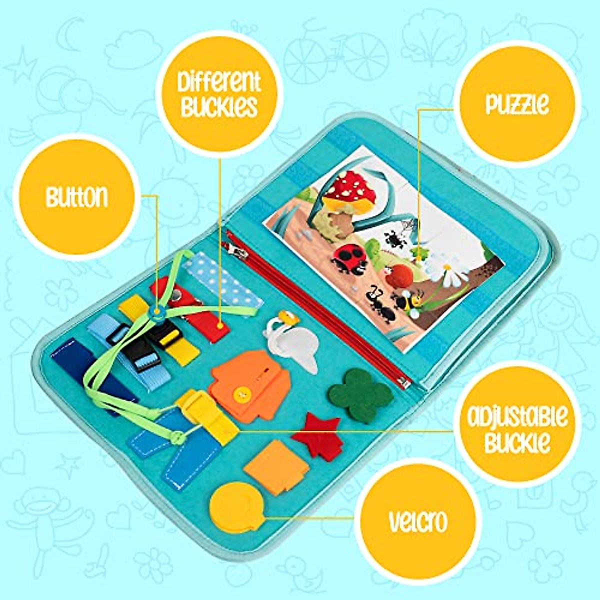 Montessori Busy Board for Toddlers with Buckles, Shoe Laces, Buttons, Zippers, Numbers & More - Sensory Board to Keep Kids Busy During Plane & Car Travel or in Waiting Rooms 001