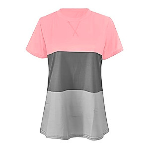 2023 Spring Summer New Matching Short Sleeve Top Shirt Women Loose Versatile Top Color Matching Pink