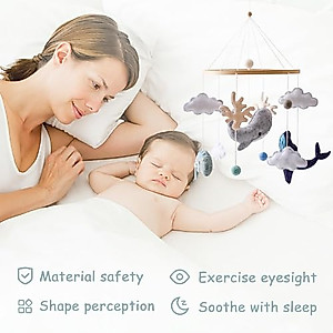 Montessori Baby Mobile for Crib | Ocean Animals Crib Mobile | Woodland Nursery Decor Soothe Toys for Ceiling Hanging | Felt Ball Sea Blue Whale, White Clouds | Baby Shower for Boys Girls Gifts