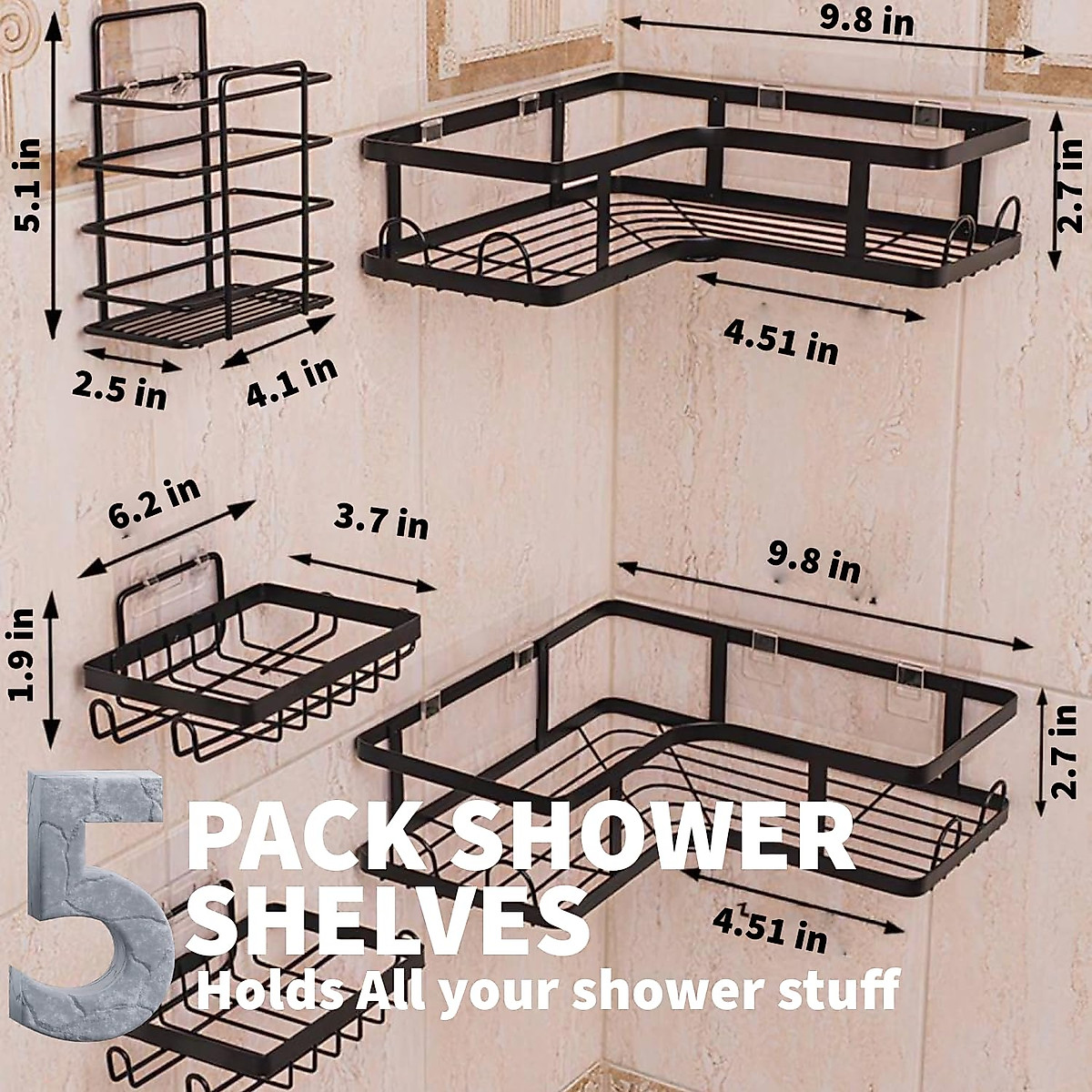 Corner Shower Caddy Adhesive 5-Pack - Black Shower Organizer with 16 Hooks | No-Drill, wall-mounted, Rustproof Storage Baskets for Bathroom, Large Capacity Shower Caddy, hanging shower caddy