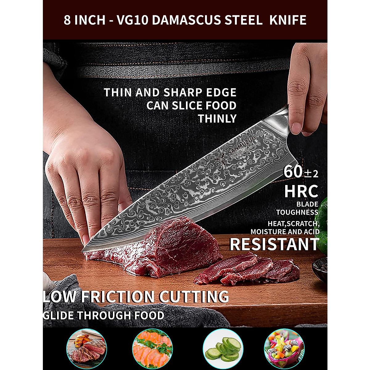 SANMUZUO Chef Knife - 8 inch - Xuan Series - VG10 Damascus Steel Kitchen Knife - Resin Handle (Starry Black)