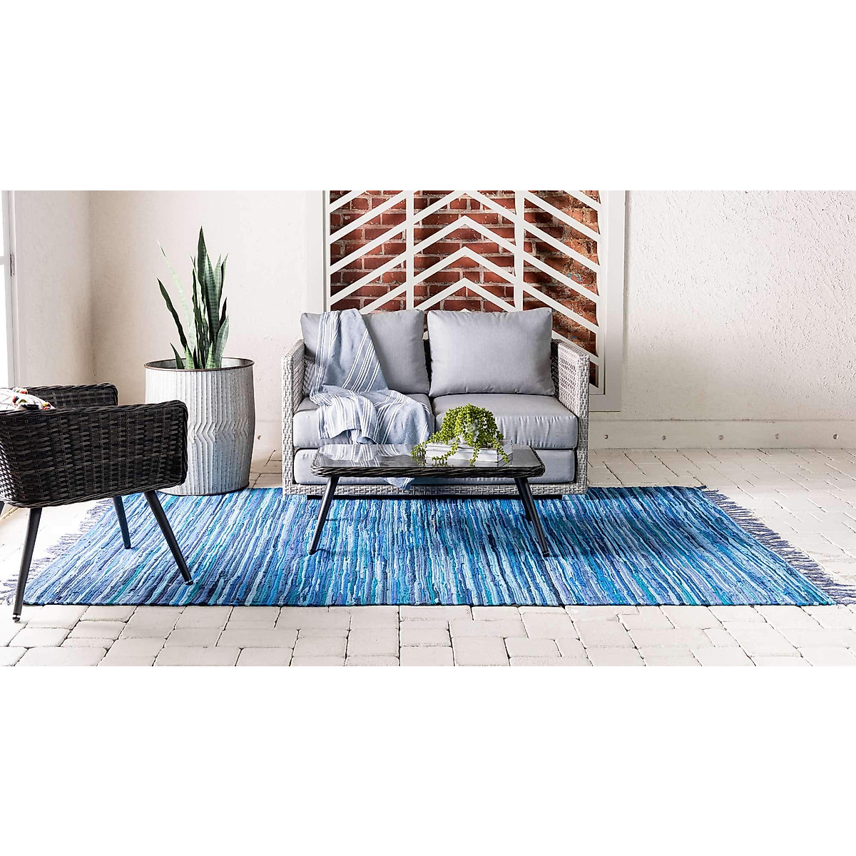 Unique Loom Chindi Cotton Collection Soft Hand Woven Natural Fiber Striped Area Rug, 2 ft 2 in x 3 ft, Navy Blue/Ivory