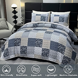 VIVILINEN Queen Size Quilt Set Grey Patchwork Floral Plaid Reversible Quilted Bedspread Coverlet 3-Piece Lightweight Comforter Stitched Bedding Set Bed Sheet Set Cover Blanket with 2 Pillow Shams