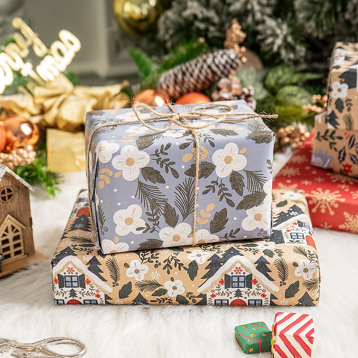 RUSPEPA Christmas Wrapping Paper, Kraft Paper - Dove, Snowflake, Flower, and House - 4 Rolls - 30 inches x 10 feet per Roll