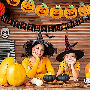Black Happy Halloween Banner Bunting with Pumpkin Sign, Includes Orange Pumpkin Banner Garland, Perfect for Indoor Outdoor Halloween Party Decorations