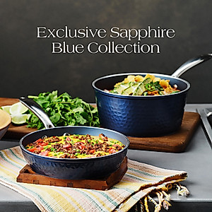 OrGreenic Blue Hammered Collection - Non-Toxic, Non-Stick Ceramic 3 Piece Cookware Set with Glass Lids, Scratch-Resistant, Oven Safe with Upgraded Handles, Safe Pan for All Stovetops