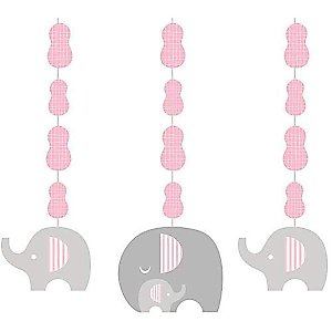 Creative Converting 317224, Peanut Elephant String Hanging Decorations, 3 Ct, 36", Pink