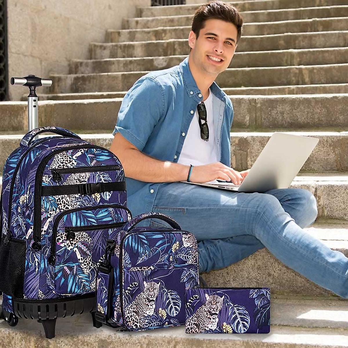 ZLYERT 3PCS Rolling Backpack for Girls, Travel Wheeled Backpacks for Adults, Teens College Roller Bookbag with Wheels for Women - Blue