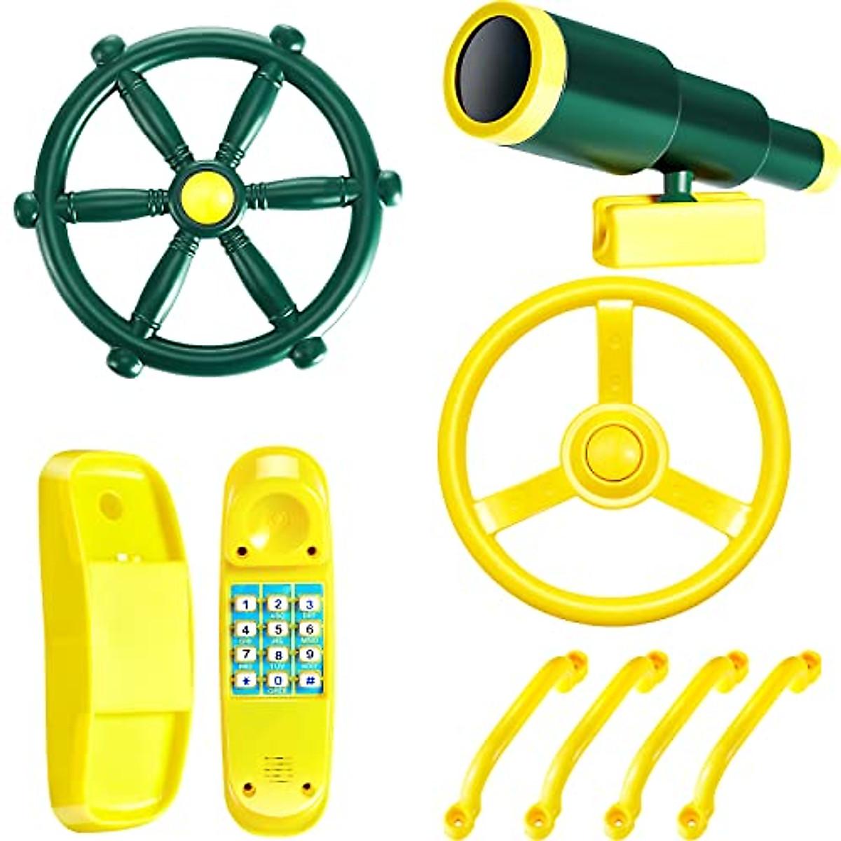 Playground Accessories Backyard Pirate Plastic Ship Playset Plastic Playground Equipment Set with Ship Wheel, Telescope, Safety Handlestoy Phone for Outdoor Playhouse Treehouse Playset(Yellow, Green)