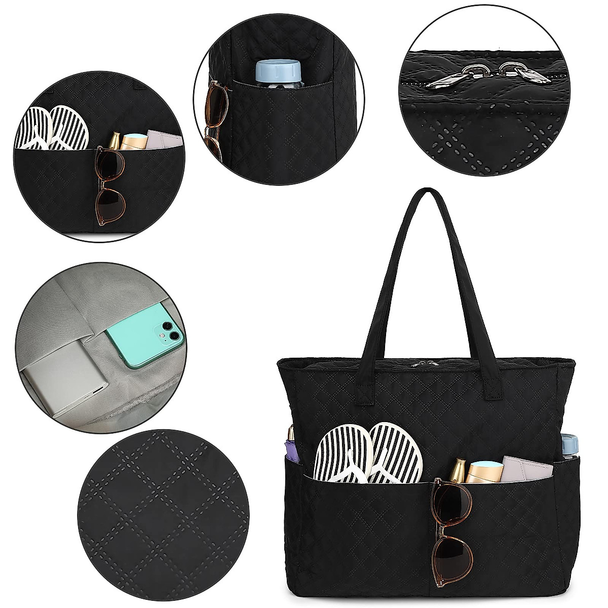 LEDAOU Large Beach Tote Bag Women Waterproof Sandproof Zipper Beach Tote Bag for Pool Gym Grocery Travel with Wet Pocket (Black)